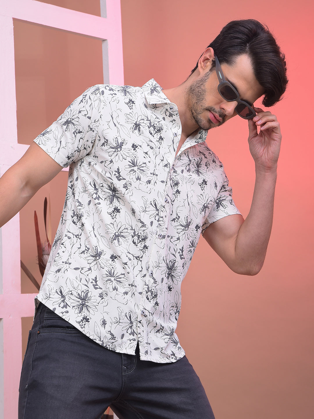 COBB GREY WHITE PRINTED HALF-SLEEVE CASUAL SHIRT – Cobbitalyofficial